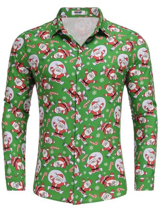 Coofandy Herren Weihnachtshemd 3D Bedruckte Weihnachts Hemd Freizeithemd mit Festlichem Design Festival Hemd Weihnachtsmotiv Funky Weihnachts Shirt Langarm Wei