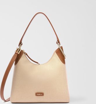 Furla Clarissa Schultertasche M Naturale+cognac H Beige Canvasgewebe + Sidney-kalbsleder Damen