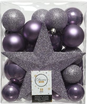 Kaemingk Weihnachtskugeln Kunststoff 5-8cm mit Christbaumspitze Stern 33er Set bruchsicher - Heidelila