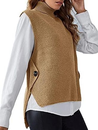ORANDESIGNE Pull Sans Manche Femme Gilet en Tricot &agrave; Col Roul&eacute; Chaud G&eacute;om&eacute;trique Classique Veste Mignon Chandail en Coton Tank Top Crop Sweater F Kaki M