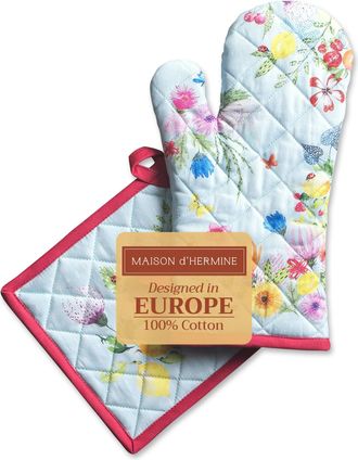 Maison d'Hermine Jardin DEte - Mint Set aus Ofenhandschuhen (19 cm x 33 cm) und Topflappen (20 cm x 20 cm), 100% Baumwolle, zum Grillen, Kochen, Backen, Mikrowelle, Gr