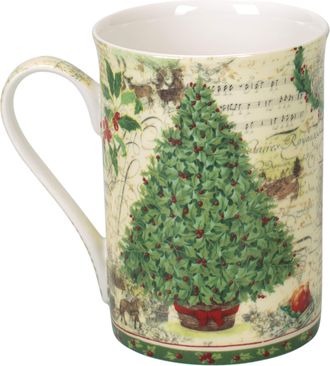 Boston International Christmas Tradition Kaffeebecher aus feinem Porzellan, Motiv: Stechpalmenbeerbaum, 340 ml