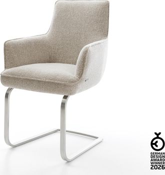 DELIFE Freischwinger Heira-Flex mit Armlehnen Webstoff Soft Beige Freischwinger flach Edelstahl Taschenfederkern, Esszimmerst&uuml;hle