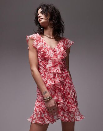 Topshop Robe courte &agrave; imprim&eacute; fleuri avec volants et plis nervur&eacute;s - Rose