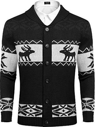 Coofandy Cardigan de No&euml;l en tricot pour homme - Col en V - Pull dr&ocirc;le et moche - Noir - XL