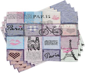 Abakuhaus Paris Platzmatten 8 Stück, Grunge Strukturierte Retro Collage Von Paris Mit Berühmtem Eiffelturm Europa Thema, Waschbare Stoff Esszimmer Küche Tischde