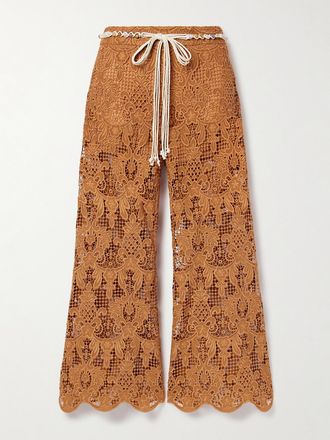Zimmermann Pantalon Évasé En Dentelle Guipure De Coton À Ceinture Coco - Marron
