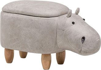 Beliani Fröhlicher Tierhocker Lederoptik mit Deckel für Kinder hellgrau Hippo