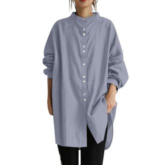 Generic Hauts d&eacute;t&eacute; amples en coton et lin pour femmes, col boutonn&eacute;, manches longues, habill&eacute;, d&eacute;contract&eacute;, tunique ample 2026, v&ecirc;tements tendance, Bleu 1, 4X