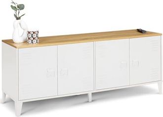 IDMarket Buffet Bas 140 cm Ester 4 Portes m&eacute;tal Blanc Plateau Bois Design Industriel