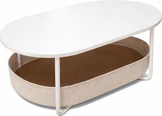 Relaxdays Couchtisch, mit Stoffkorb, oval, Beistelltisch mit Stauraum, HxBxT: 55x100x45 cm, MDF & Eisen, wei&szlig;-beige