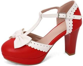 Generic Chaussures Lolita Mignonnes à Sangle en T pour Femmes avec Plate-Forme à Boucle réglable Talons Hauts épais Blocs Noeud Rond Bout fermé Casual Mary Ja