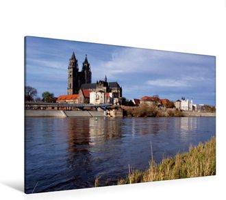 Calvendo Premium Textil-Leinwand 120 x 80 cm Quer-Format Blick auf Elbe und Dom | Wandbild, HD-Bild auf Keilrahmen, Fertigbild auf hochwertigem Vlies, Leinwand