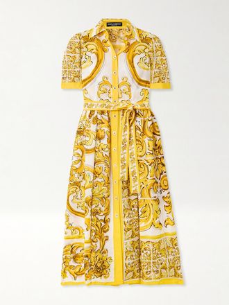 Dolce & Gabbana Robe Midi En Popeline De Coton Imprim&eacute;e &Agrave; Plis Et &Agrave; Ceinture Maiolica - Jaune