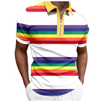 Generic Polo &agrave; manches courtes pour homme avec fermeture &eacute;clair et rayures arc-en-ciel, Blanc., 3XL
