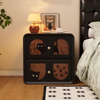 Generic Massivholz-Nachttisch, Bauernhaus-Nachttisch Mit Ausgeh&ouml;Hltem Halbkreisf&ouml;Rmigem Dekorativem Bild, Abgerundeten Ecken, Bodenstehenden Schrankbeinen