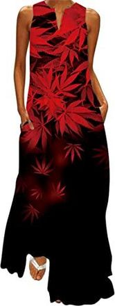 Ocean Plus Robe &agrave; Imprim&eacute; Floral Vintage &agrave; Grand Volant sans Manches &agrave; Col en V pour Femmes avec Poches Longues (M, Feuilles Rouges)