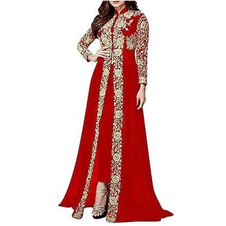Generic Femmes abaya musulmane dubaï sadui caftan marocain brodé islamique ramadan eid soirée de mariage (Rouge,M)
