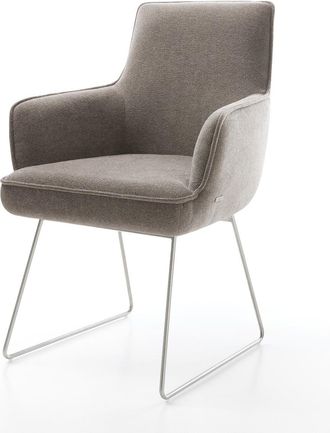 DELIFE Esszimmerstuhl Heira-Flex mit Armlehnen Strukturstoff Soft Taupe Kufengestell Edelstahl Taschenfederkern, Esszimmerst&uuml;hle