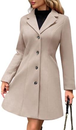 Generic Manteaux en laine pour femme automne-hiver habill&eacute;, mi-long &agrave; revers crant&eacute; simple boutonnage, trench-coat d&eacute;contract&eacute;, kaki, XXL