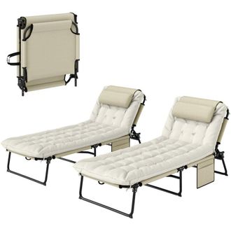 OUTSUNNY Lot de 2 transats - Outsunny - pliable - dossier inclinable 4 positions - appui-t&ecirc;te et matelas &eacute;pais - textil&egrave;ne, acier - beige
