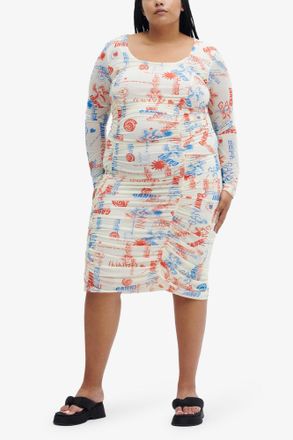 Ganni wei&szlig; Midi-Kleid aus Mesh mit Raffung Nylon - Gr&ouml;&szlig;e 34