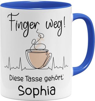 OM3 bedruckte Kaffee-Tasse mit Spruch - Finger weg diese Tasse geh&ouml;rt Wunschname - personalisierbar | Keramik Becher | 325ml | Beidseitig Bedruckt | Blau
