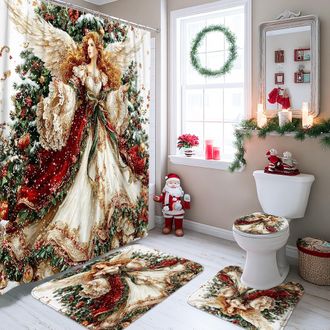 Generic Engel-Duschvorhang-Sets, Weihnachtsbaum, Schneeflocken, Rot, wasserdichter Stoff, Badezimmer, Badewanne, Duschvorhang-Set mit Teppichen, dekorativ f&uuml;r