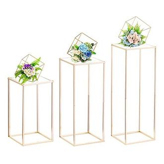 Nuptio Nuptio Vase Dor&eacute; pour Centres Table Mariage avec Panneau Acrylique - 3 Pi&egrave;ces Grands Vases pour Fleurs Support Colonne M&eacute;tal G&eacute;om&eacute;trique pour F&ecirc;te dan