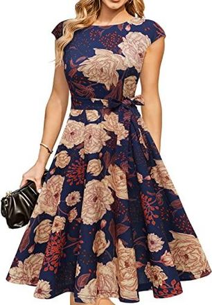 Dresstells Dresstells Robe Cocktail Mariage Vintage Robe Casual Femme Robe de Soiree Femme Robe bapt&ecirc;me col Rond Manches Courtes Fleur Jaune Marine L