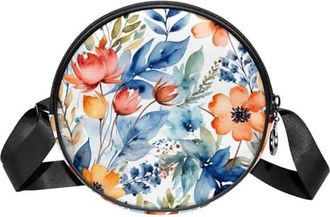 Generic Sac &agrave; bandouli&egrave;re rond pour femme, motif fleurs et feuilles, sac &agrave; dos avec fermeture &eacute;clair, bretelles r&eacute;glables, sac &agrave; main rond d&eacute;contract&eacute; pour fe