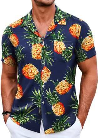 Coofandy Hawaiihemd Herren Kurzarm Hemd Sommerhemd Kurzarmhemd Blumen Shirt Urlaub Strand Hemd mit Brusttasche Navyblau Ananas XXL