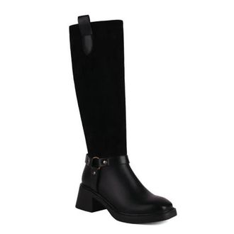Generic Bottes montantes &agrave; boucle pour femme - Bout rond - Talons bas - Fermeture &eacute;clair lat&eacute;rale - Polyvalentes, Noir, 39.5 EU