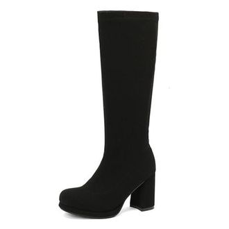 Generic Bottes dhiver en tricot &agrave; talon bloc et bout rond pour femme - Confortables et polyvalentes, Noir, 40.5 EU
