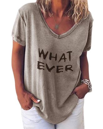 Minetom Damen Sommer Kurzarm Blusen T-Shirt V-Ausschnitte Loose Oversize Shirt Einfarbig Casual Brief Bedruckt Asymmetrisch Oberteile Top C Kaffee DE 44