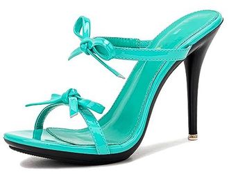 Minitoo Sandales &agrave; talons hauts pour femmes avec noeud aiguille d&eacute;t&eacute; mules chaussures TM008, Talon bleu sarcelle 10 5 cm, 36 EU