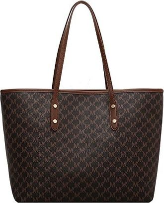 Generic Grand sac fourre-tout pour femme avec fermeture éclair, sac à main en cuir tendance et sac à main à carreaux sac à bandoulière décontracté, marron, La