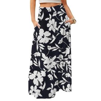 Generic Jupe longue avec motif floral pour femme, jupe maxi fluide avec taille haute et motif floral, pour les jupes normales et tendance, Noir, XXL