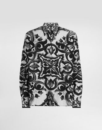 Dolce & Gabbana Oversize-hemd Aus Gestreiftem Popeline Mit Majolika-print - Mann Hemden Mehrfarbig 40