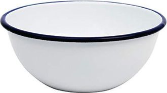 Olympia Emaille-Schüsseln-Set, 155 mm (6 1/8 Zoll), Weiß mit blauem Rand, spülmaschinenfest, ofenfest, Campinggeschirr, rustikales Essen, professioneller und 