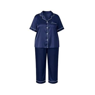 Generic YUJIEBB Ensemble de pyjama en satin grande taille pour femme, haut &agrave; manches courtes et pantalon long, v&ecirc;tements de nuit 2 pi&egrave;ces, col crant&eacute; et bouto