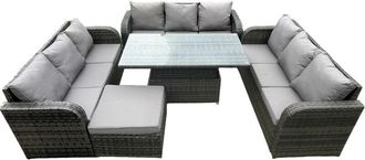 Fimous Patio Garten Dining Set Rattan M&ouml;bel Lounge Sofa H&ouml;henverstellbarer steigender Hubtisch mit gro&szlig;em Fu&szlig;hocker Dunkelgrau gemischt - Fimous