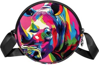 Generic Sac &agrave; bandouli&egrave;re rond pour femme, petit sac &agrave; bandouli&egrave;re motif rhinoc&eacute;ros avec fermeture &eacute;clair et bretelles r&eacute;glables