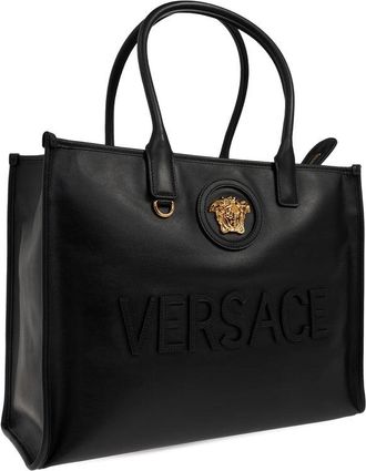 Versace Logo-Embossed Calf Leather Tote Bag - Black