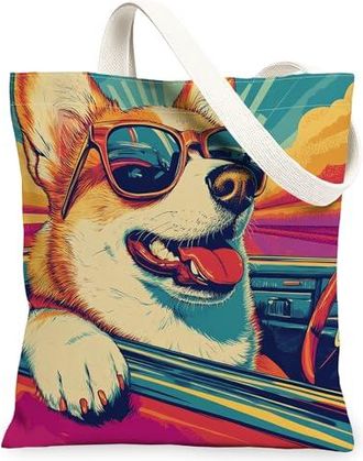 Generic Corgi Sac fourre-tout en toile pour faire du shopping, 33 x 38,1 cm, r&eacute;utilisable, motif chiot funky pop pour femme, animal domestique, plage, esth&eacute;ti