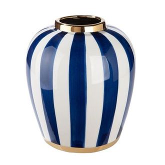 Gilde Vase Elio - Keramik - bauchig - glasiert - gestreift - blau wei&szlig; - H&ouml;he 30cm x &Oslash; 26cm - Filzgleiter und wasserdichte Vase