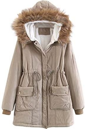Generic Vestes dhiver en polaire avec cordon de serrage et manches longues &agrave; capuche pour femme - Veste chaude et ajust&eacute;e pour femme, kaki, L