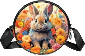 Generic Petit sac &agrave; bandouli&egrave;re rond pour femme, motif fleurs de lapin, sac &agrave; dos avec fermeture &eacute;clair, bretelles r&eacute;glables, sac &agrave; main rond d&eacute;contract&eacute; pour