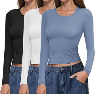 Ekouaer Tee Shirt Chemise Femme Hiver col Rond Sexy Haut Thermique Moelleux Noir+Blanc+Turquoise S