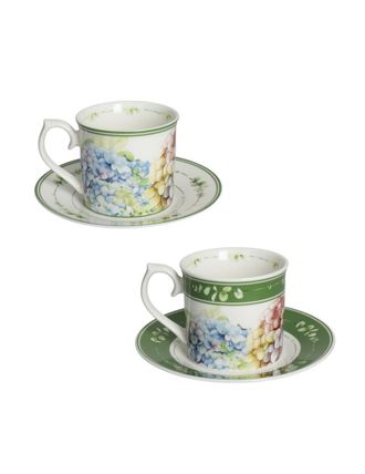 Brandani Brandani 51182 Tasse Flora, 2 Stück, New Bone China, Untertasse cm D 8 x 7 cm, 200 ml, Blumen, zarte Hortensien und Blättchen, Spülmaschine, Mikrowell